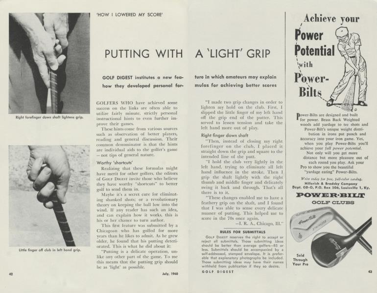 PUTTING WITH A 'LIGHT' GRIP | Golf Digest | JULY 1960