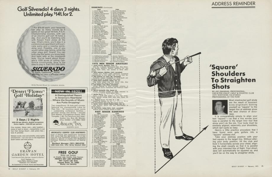 'Square' shoulders to straighten shots | Golf Digest | FEBRUARY 1971
