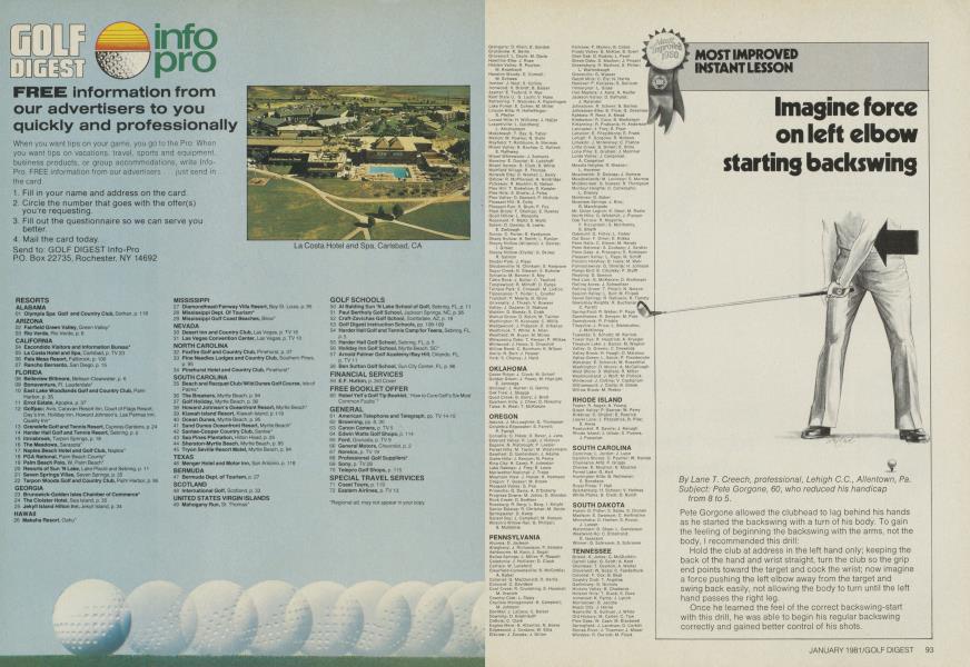 Imagine force on left elbow starting backswing | Golf Digest | JANUARY 1981