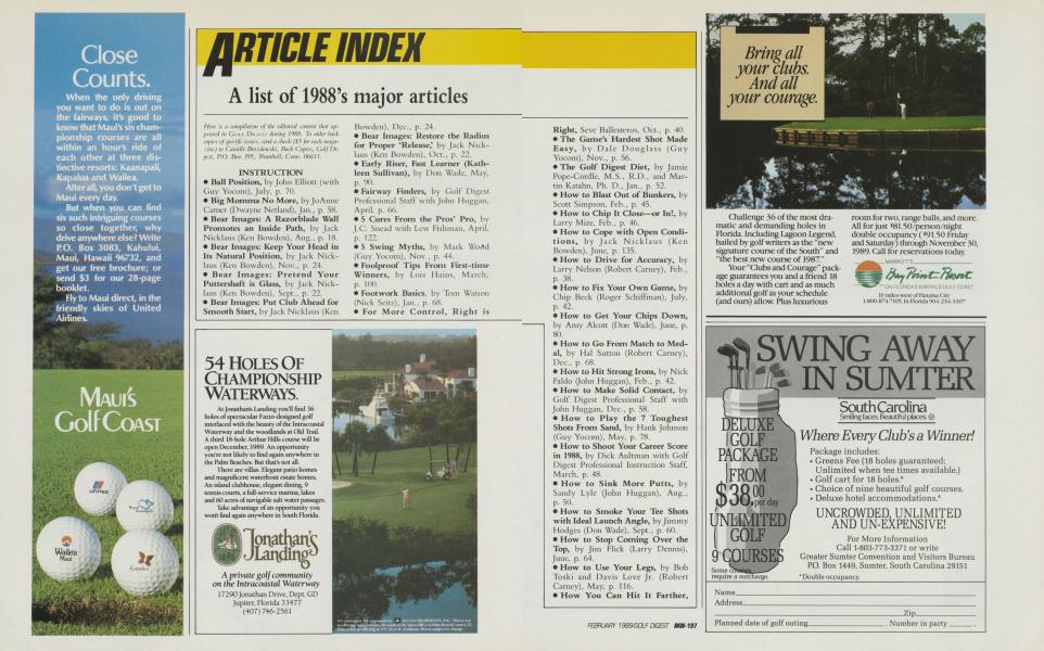 A list of 1988’s major articles | Golf Digest | FEBRUARY 1989