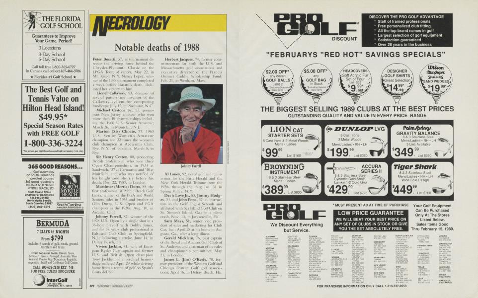 NECROLOGY | Golf Digest | FEBRUARY 1989